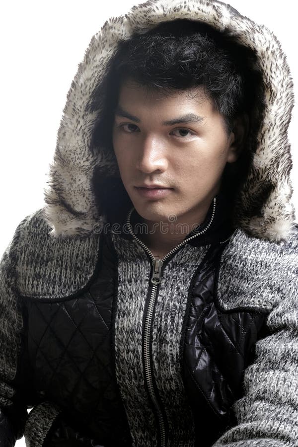 Asian Man in Fur and Yarn Texture Jacket Stock Image - Image of human ...