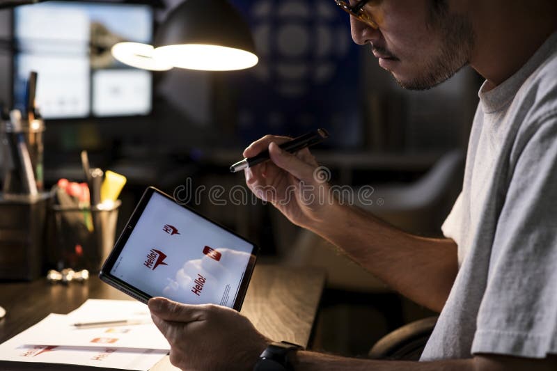 Asian Man Graphic Designer Working on Computer Drawing Sketches Logo ... Asian Man Graphic Designer Working on Computer Drawing Sketches Logo ...