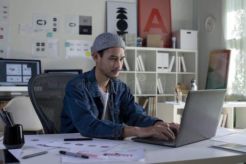 Asian Man Graphic Designer Working in Office. Artist Creative Designer ...