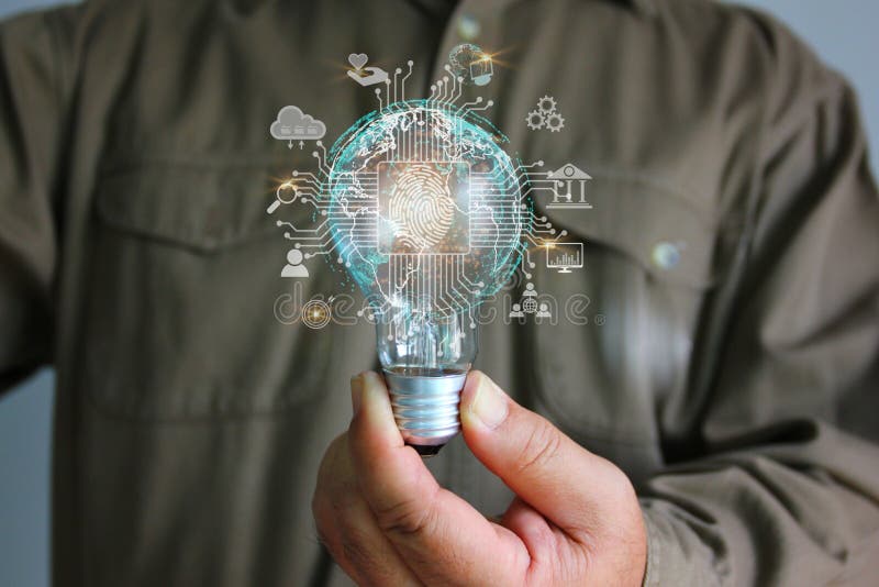 Asian Man Holding Light Bulb with Futuristic Technology Icon , Idea ...