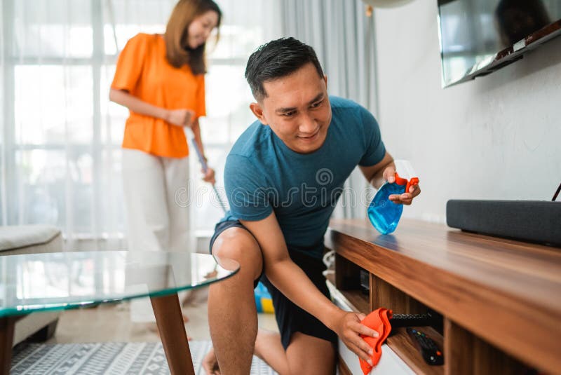 Asian Man Holding Rag Wiping Table Stock Photo - Image of house, male ...