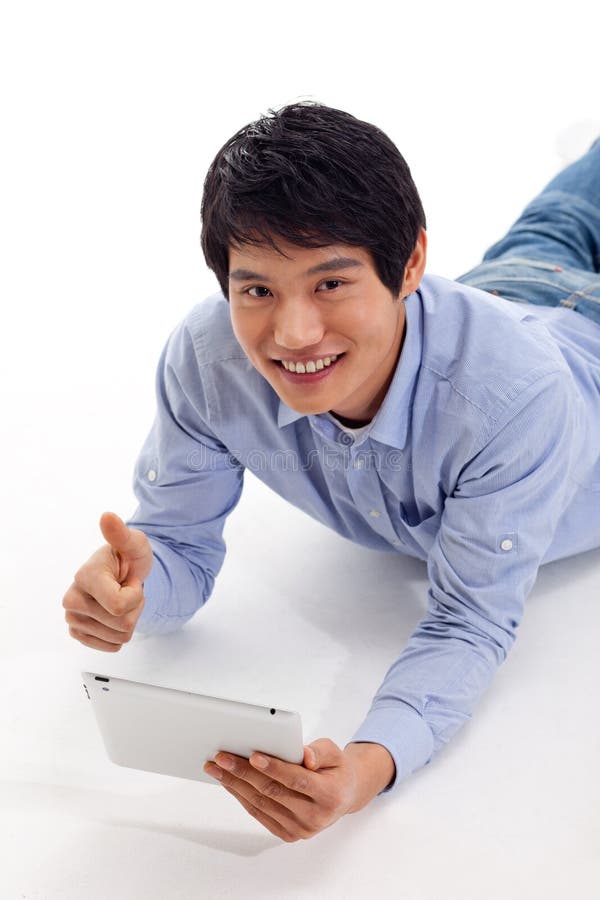Asian Man Holding Tablet Computer Stock Image - Image of electronic ...