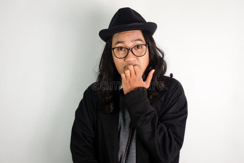 Asian Man with Long Hair Dressed As Mafia Wearing Glasses and Hat ...