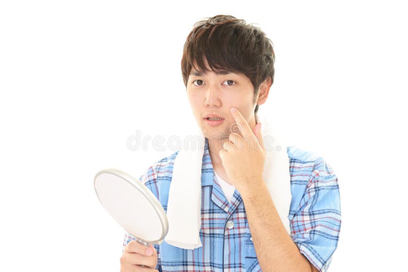 Asian Man Looking at His Face in Mirror Stock Image - Image of ...