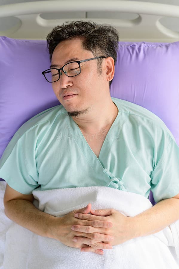 Asian Man Lying in Bed Sleeping in Hospital Ward Stock Image - Image of ...