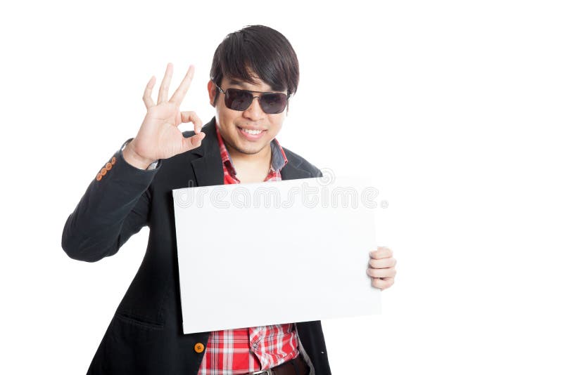 Asian Man Hold A Blank Bucket And Thumbs Up Stock Photo - Image of ...