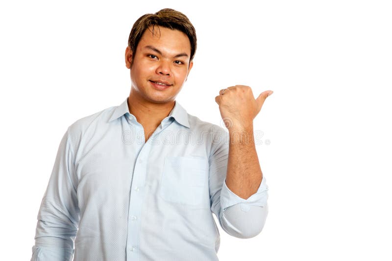 Asian Man Point To His Left His Thumb Stock Photos - Free & Royalty ...