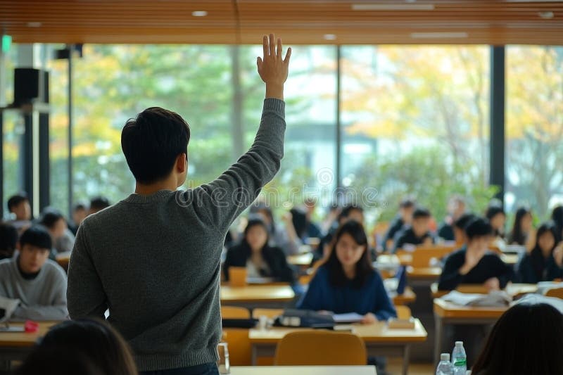 Asian Man Raising Hand in Classroom Participating in a Lecture Session ...