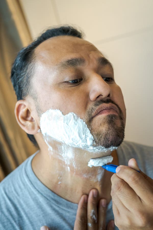 Asian Man Shaving Beard with Razor Stock Photo - Image of human, hair ...