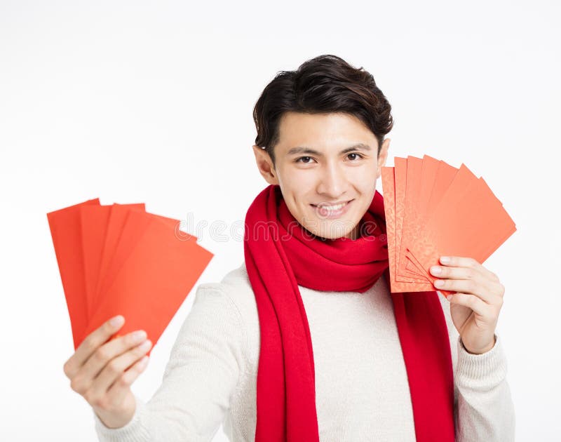 Asian Man Showing the Red Envelope Stock Image - Image of isolated ...