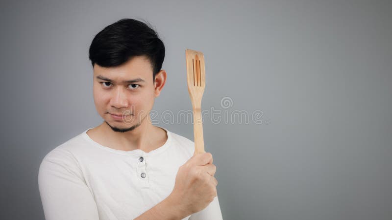 Asian Man with Spade of Frying Pan. Stock Photo - Image of white, hand ...