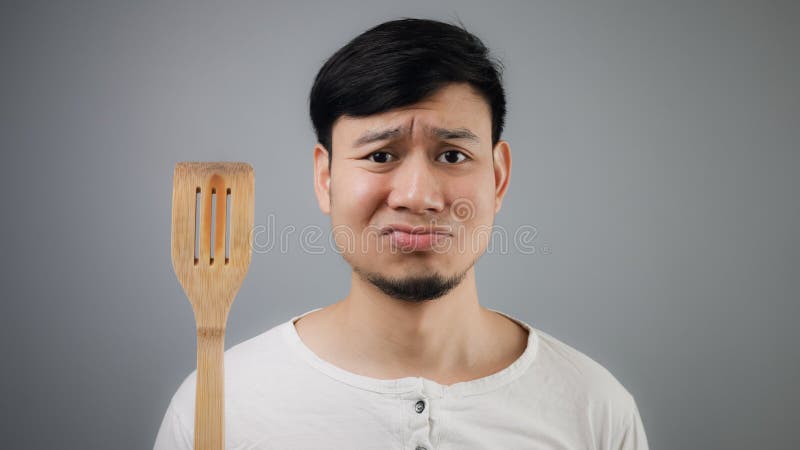 Asian Man with Spade of Frying Pan. Stock Image - Image of white ...