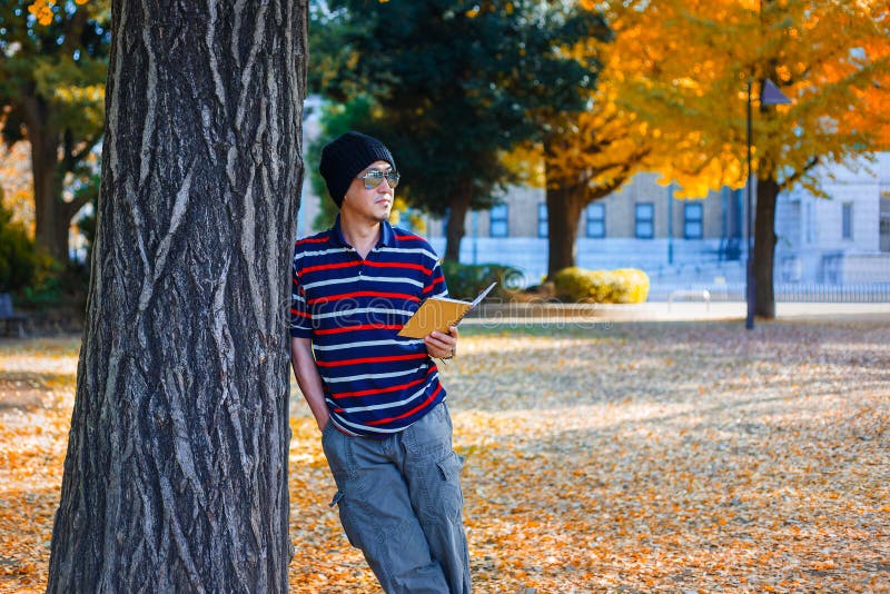 Asian Man Stands Under a Yellow Ginkgo Tree in Autumn Stock Image ...