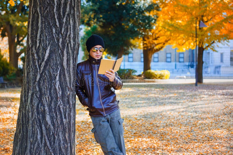Asian Man Stands Under a Yellow Ginkgo Tree in Autumn Stock Photo ...