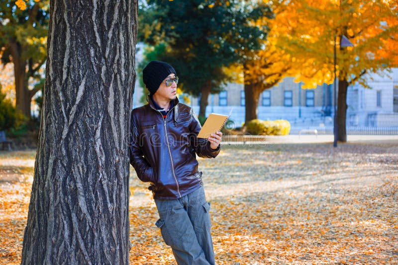 Asian Man Stands Under a Yellow Ginkgo Tree in Autumn Stock Image ...