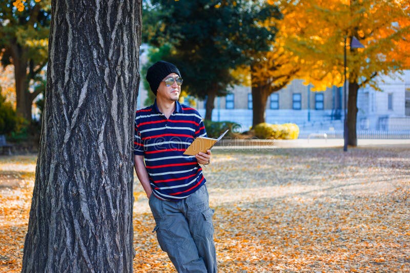 Asian Man Stands Under a Yellow Ginkgo Tree in Autumn Stock Image ...