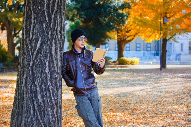 Asian Man Stands Under a Yellow Ginkgo Tree in Autumn Stock Image ...