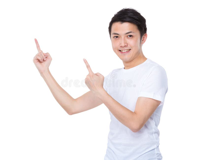 Asian Man with Two Finger Point Up Stock Photo - Image of male, chinese ...