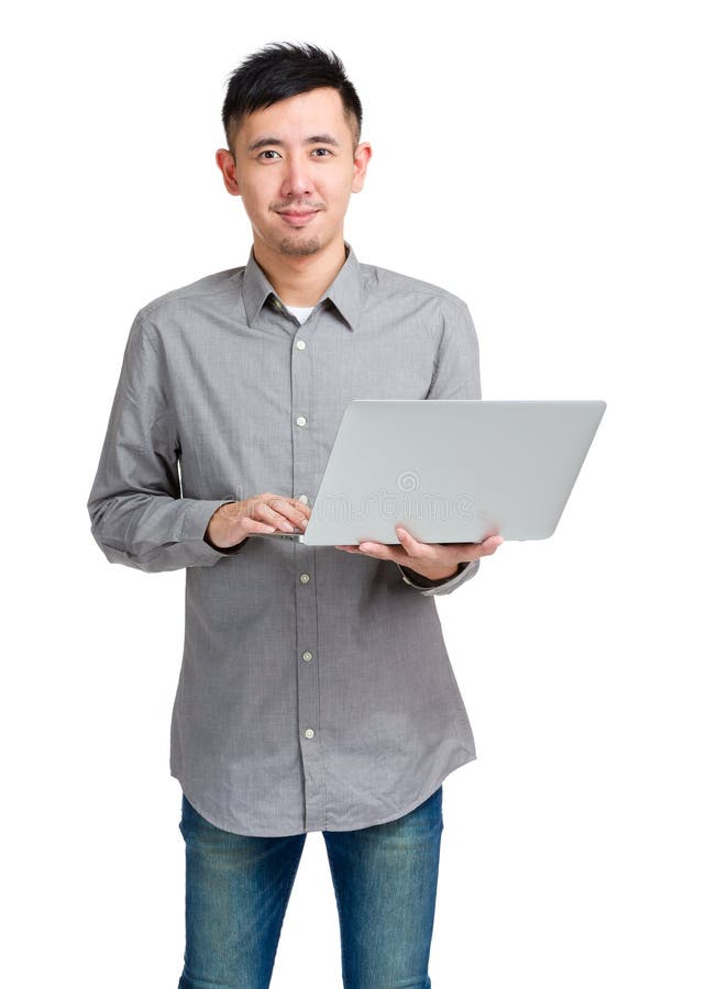 Portrait of an Excited Asian Woman Holding Laptop Computer and ...