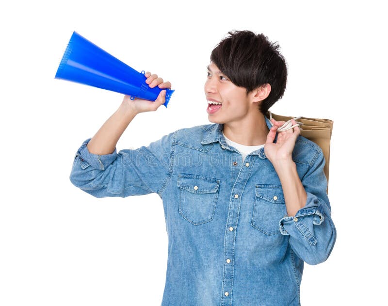 Asian Man Using Megaphone for Announcement about the Shopping Stock ...