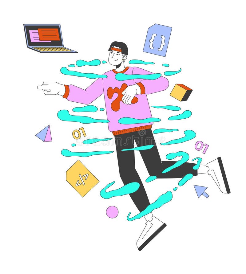 Asian Man Web Developer in Coding Whirlpool 2D Illustration Concept ...