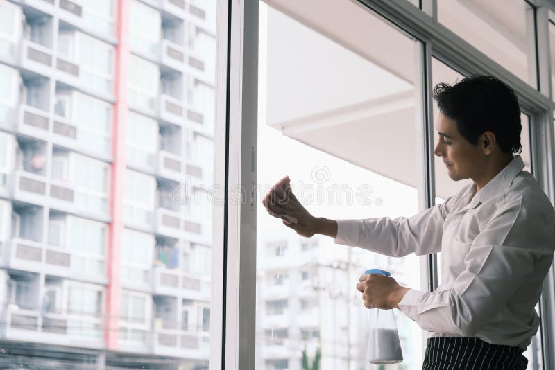 Asia Man Worker and Cleaning Glass Window Stock Image - Image of ...