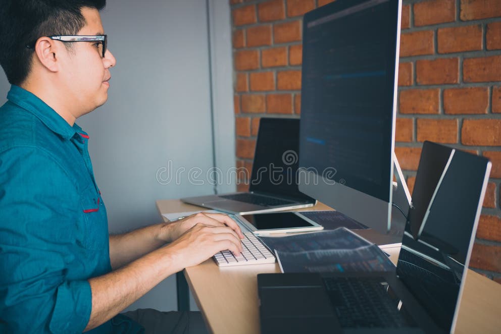 Asian Man Working Code Program Developer Computer Web Development Working Design Software on ...