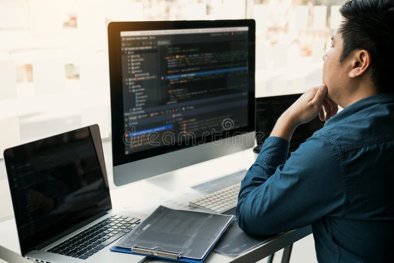 Asian Man Working Code Program Developer Computer Web Development Working Design Software On