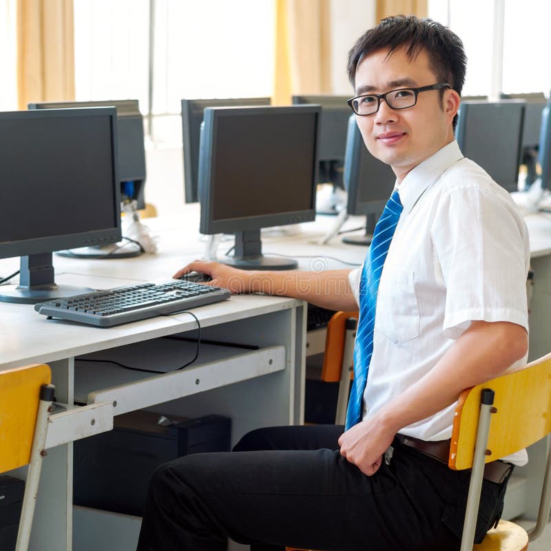Asian Man Working in the Computer Room Stock Image - Image of ...