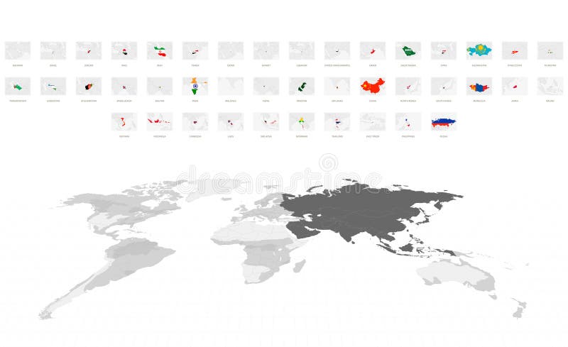 Asian Maps in Gray with National Flags. Gray World Map Featuring Asia ...