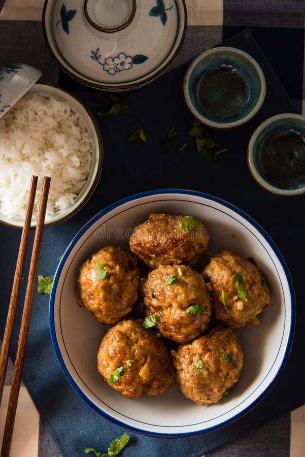 Asian Meatballs Served with White Rice Stock Image - Image of suace ...
