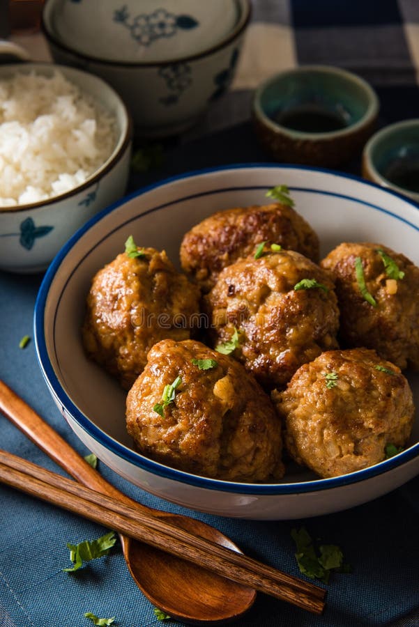 Asian Meatballs Served with White Rice Stock Photo - Image of meat ...