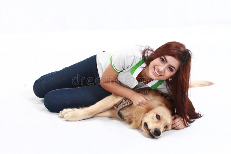 Asian model with dog stock photo. Image of studio, indoor - 68724420