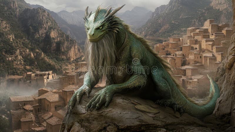 In Asian Mountains, a Green Dragon Flies with Ancient Temples Behind ...