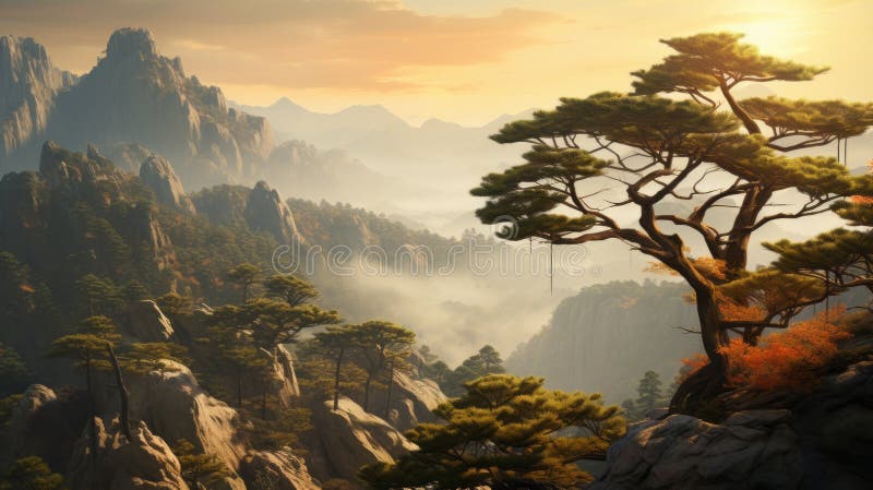 Asian Mountainside View: Vray-rendered Classical Scene with Pine Trees ...