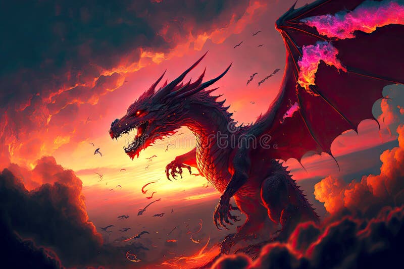 Asian Mystical Red Dragons Stand on Hill Against Backdrop of Setting ...