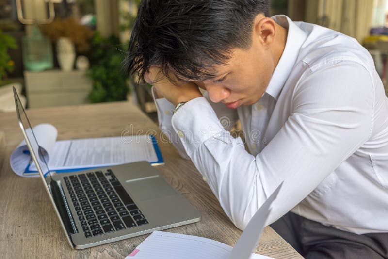 Asian Office Man in White Shirt Thinking about Work Stock Image - Image ...