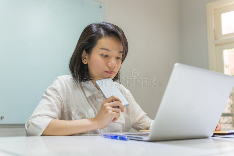 Asian Office Woman Thinking about Work Stock Image - Image of confusion ...