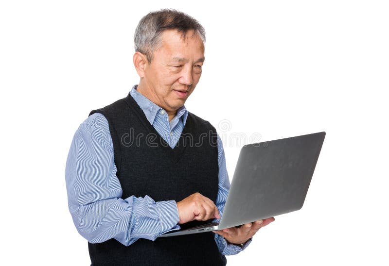Casual Old Man Sits and Cheers with Laptop Stock Image - Image of ...