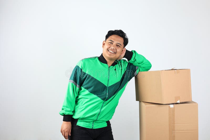 Asian Online Driver Lean on Box, Gojek Grab Delivery Concept Stock ...