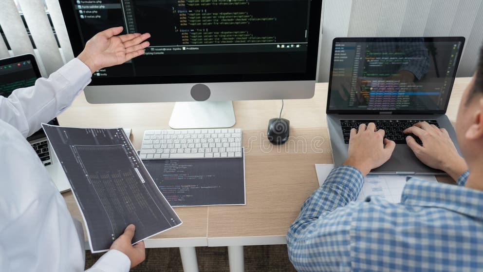 Asian Outsource Software Engineer Developer Team Working Code To Find Solution To Problem in ...