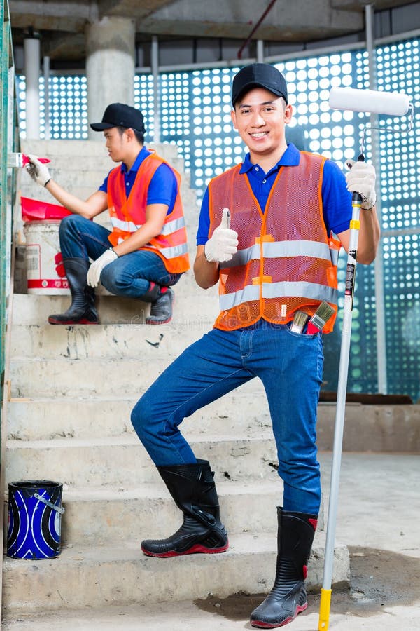 Asian Indonesian Construction Workers on Building Site Stock Image ...