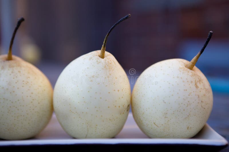 Asian pears on wood table stock photo. Image of single - 13254602