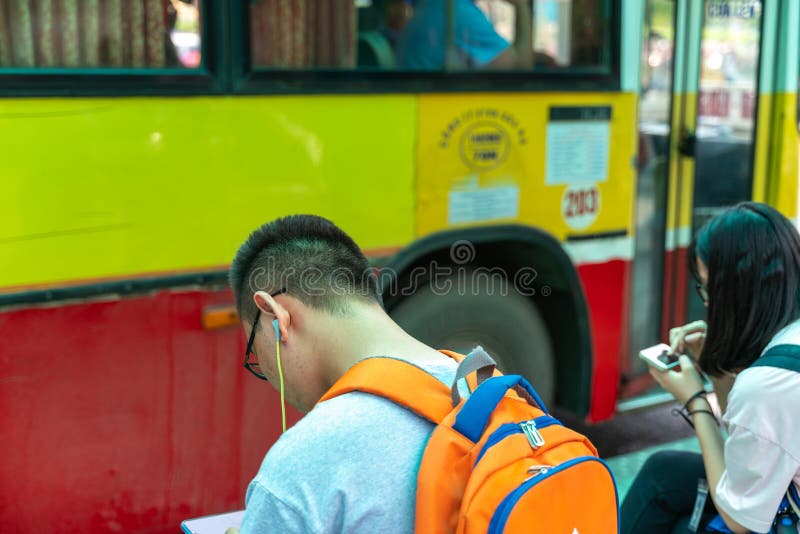 Asian People Use Smartphone Waiting for Bus at Bus Stop Editorial Stock ...