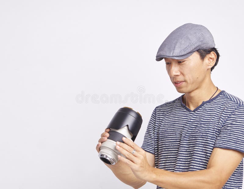 Asian Man Photographer Standing on Top of Hill Looking at View Stock ...