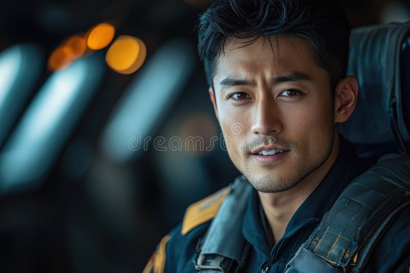 Asian Pilot Reviewing Paperwork while Seated in Airplane Cabin Preparin ...