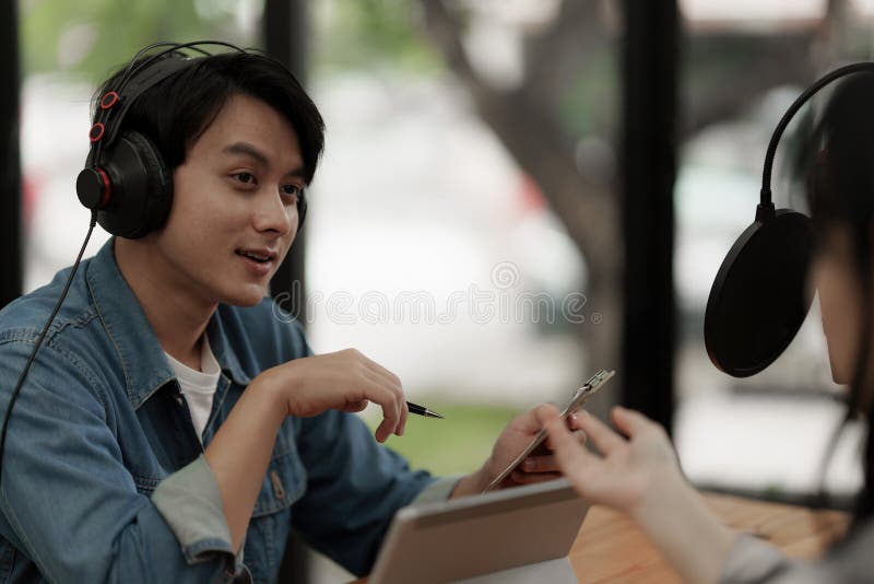 Asian Podcaster Making Audio Podcast Working with Guest at Home Studio Stock Image - Image of ...