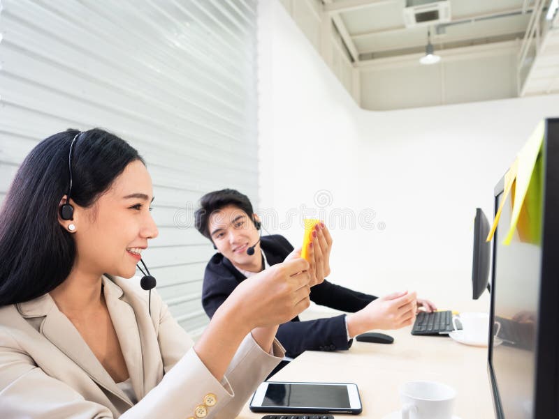 Asian Professional Call Center Team Discuss and Communicate about Solve ...