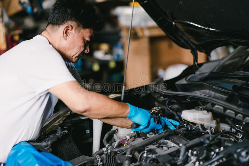 Asian Professional Worker Using Wrench Block Working Fix Replace ...