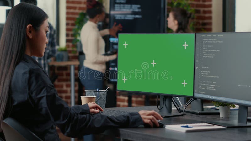 Asian Programer Writing Code in Front of Computer with Green Screen ...